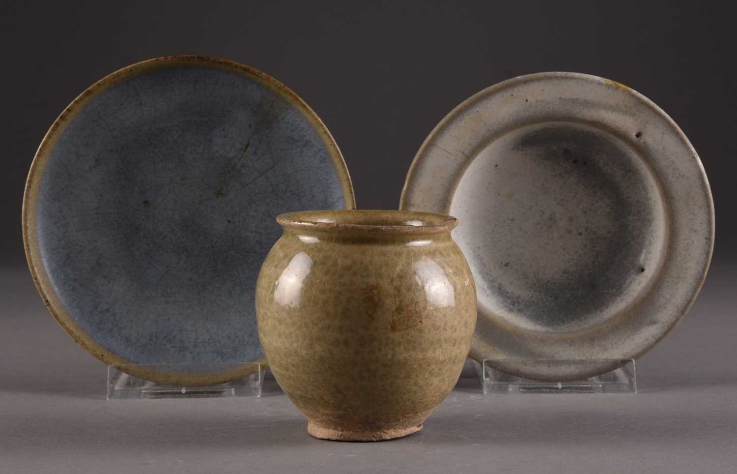 Lot 91 - Two Chinese Jun ware dishes and a small vase,